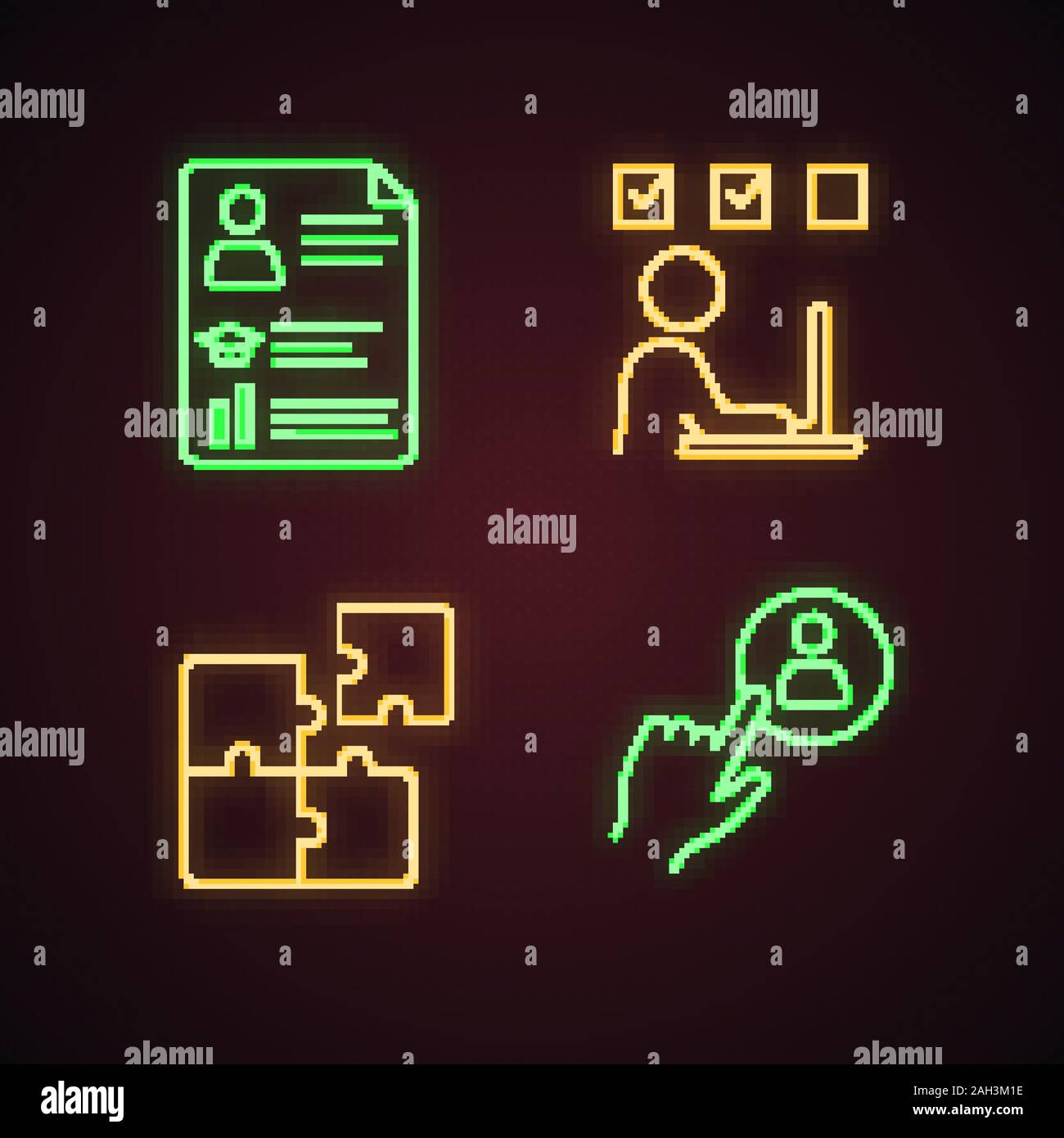 Business management neon light icons set. Resume, online training ...