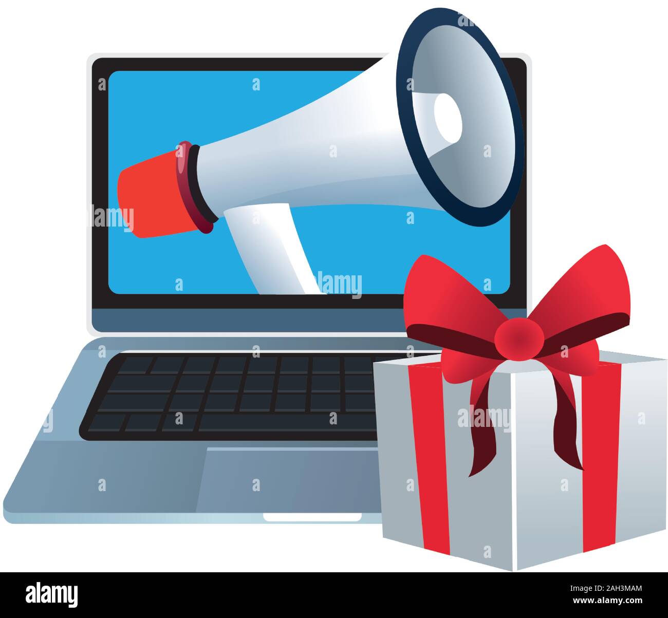 gift box and computer with megaphone on screen, colorful design Stock ...