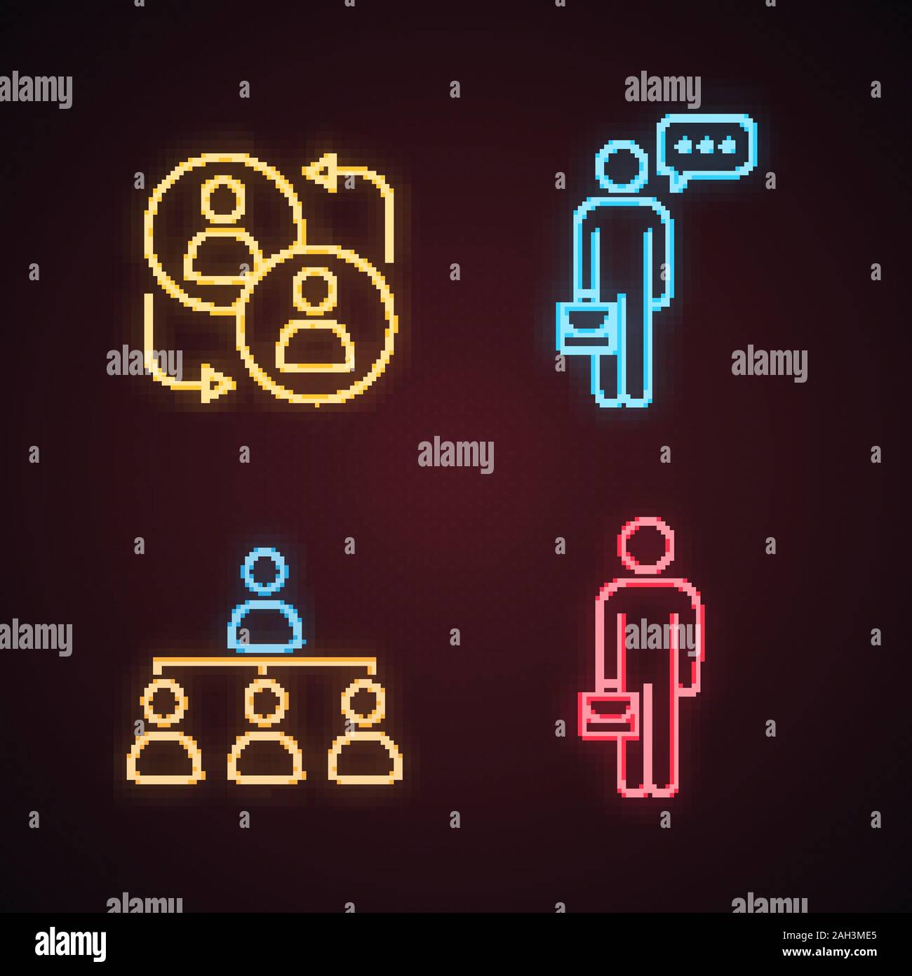 Business management neon light icons set. Partnership, businessman ...