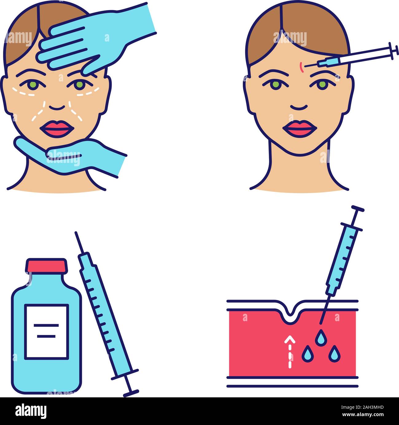 Neurotoxin injection color icons set. Cosmetologist exam, syringe and ...