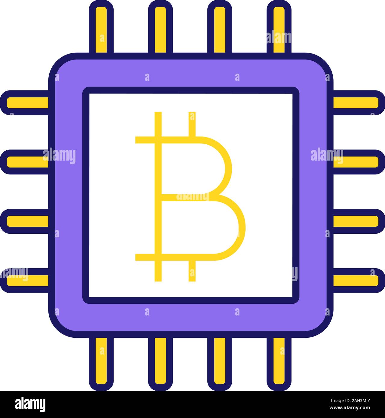 CPU mining color icon. Cryptocurrency mining hardware. Bitcoin sign inside microchip. Digital ...