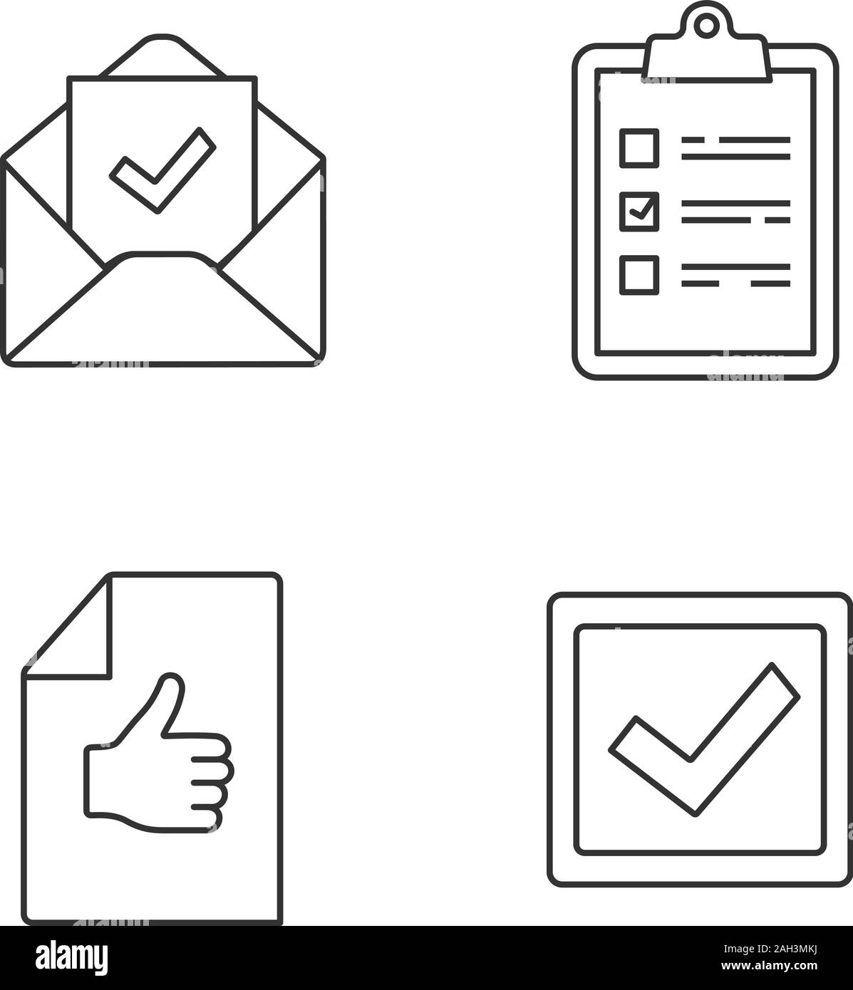 Approve linear icons set. Verification and validation. Task planning, email confirmation ...