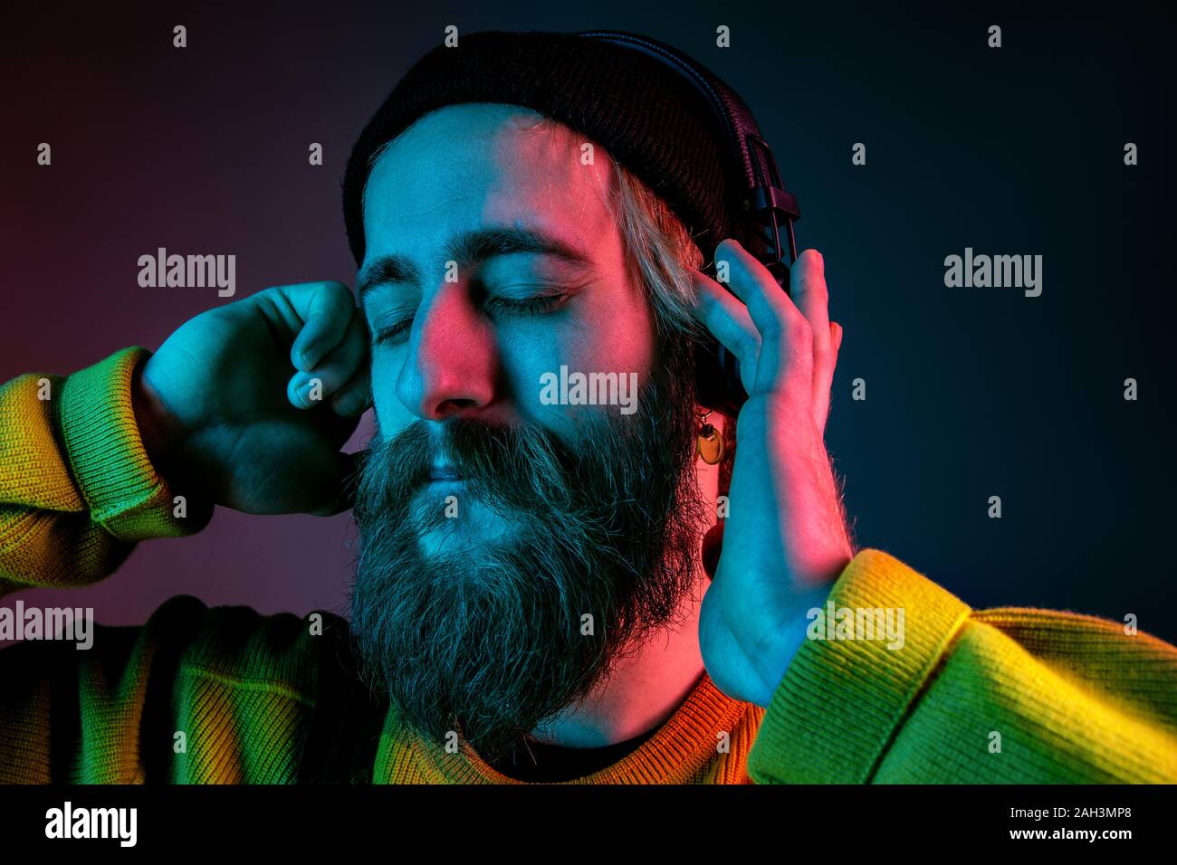 Calm, happy. Caucasian man's portrait on gradient studio background in ...