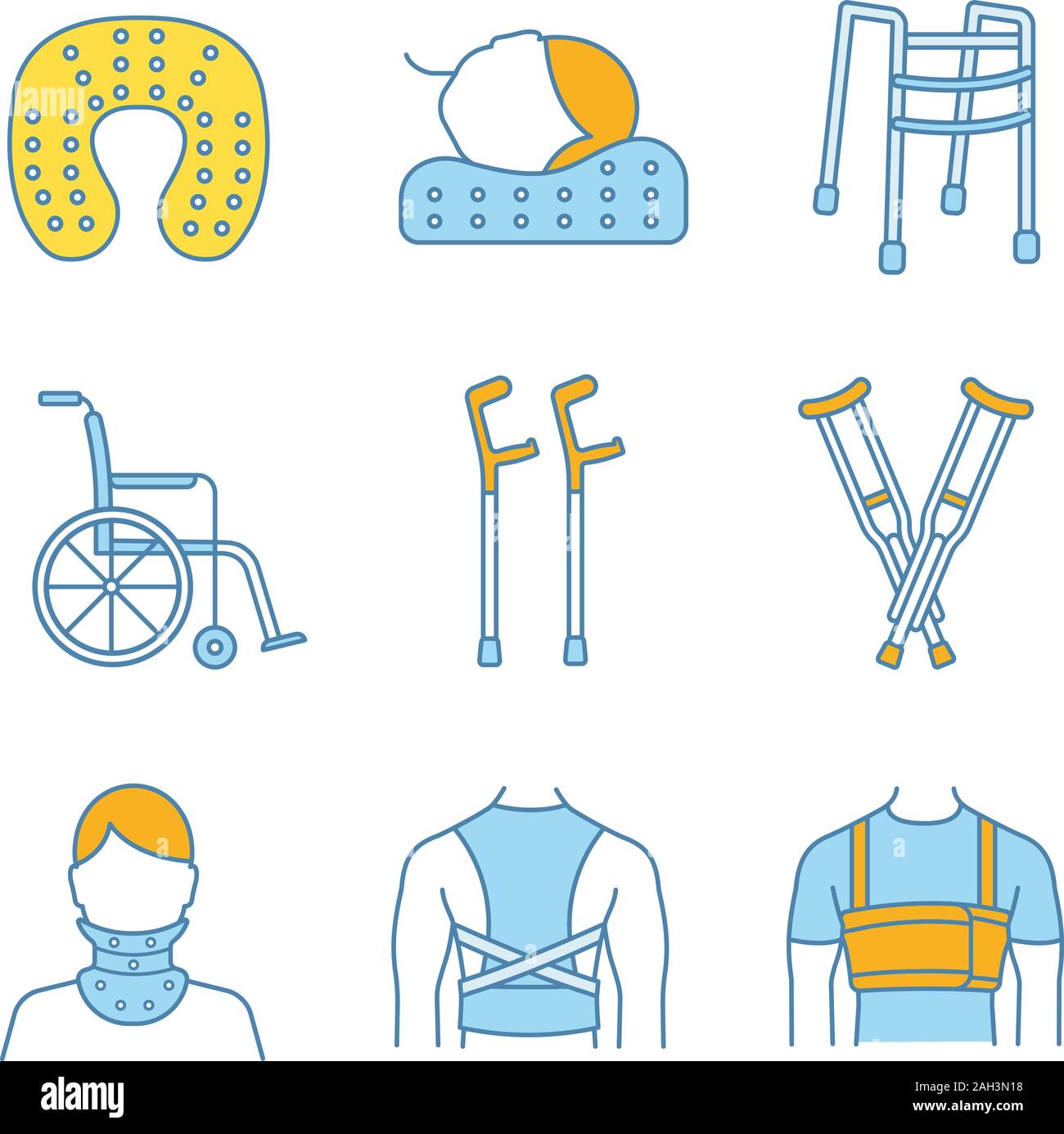 Trauma treatment color icons set. Posture corrector, neck orthopedic ...