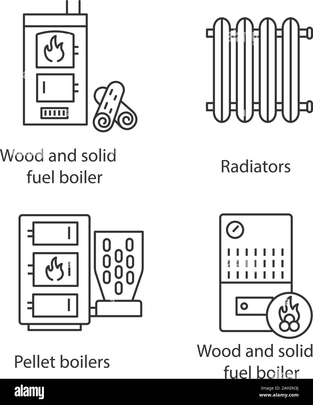 Heating Linear Icons Set Radiator Firewood And Pellet Boiler Solid