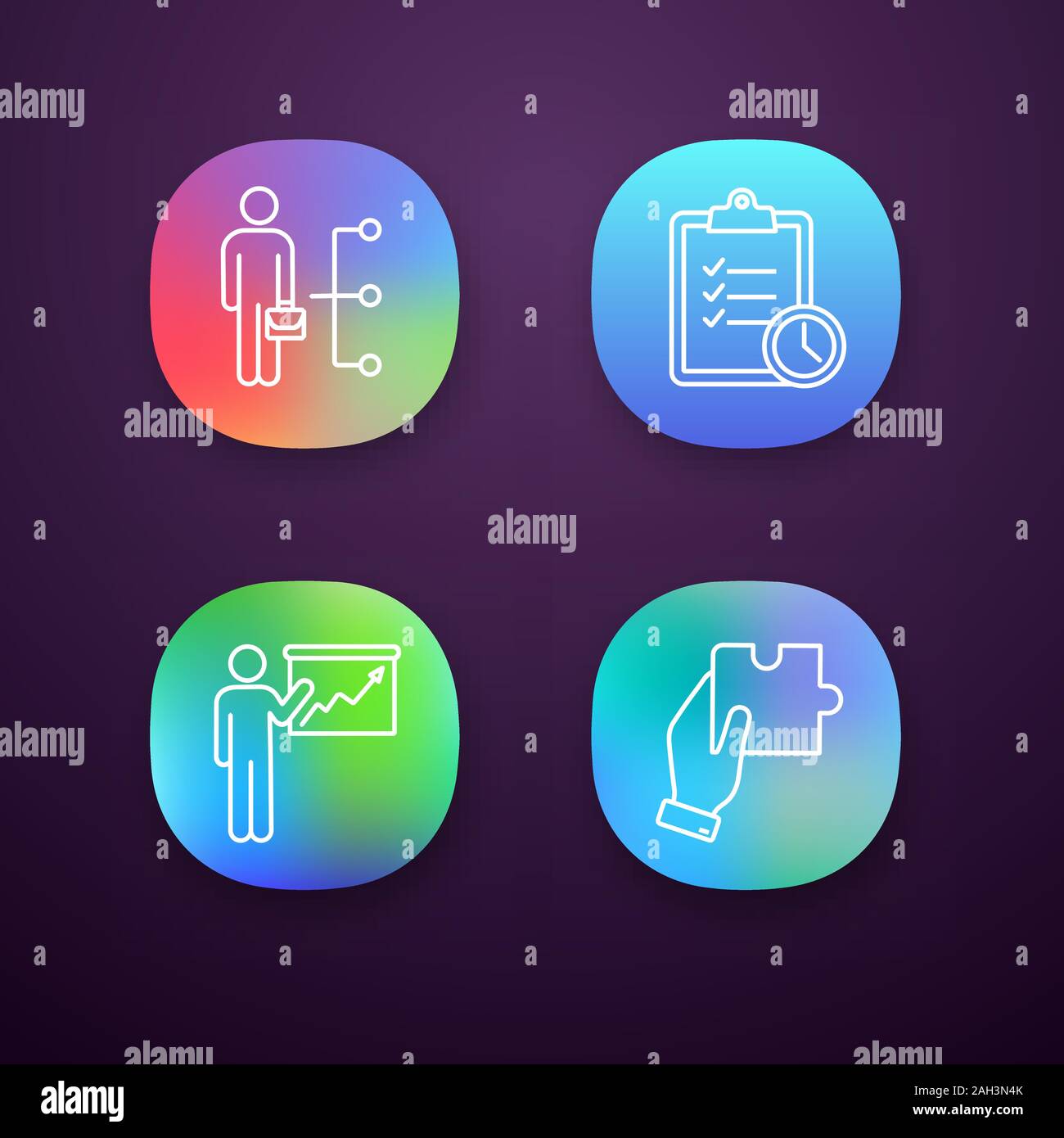 Business management app icons set. Employee skills, time management ...