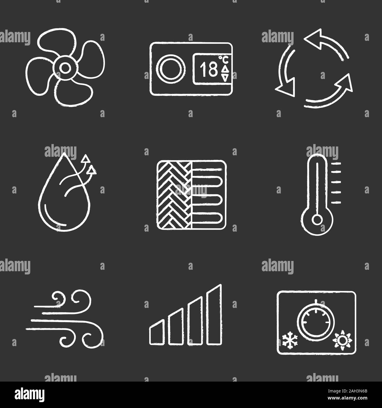 Air conditioning chalk icons set. Power level, thermostat, ventilation ...