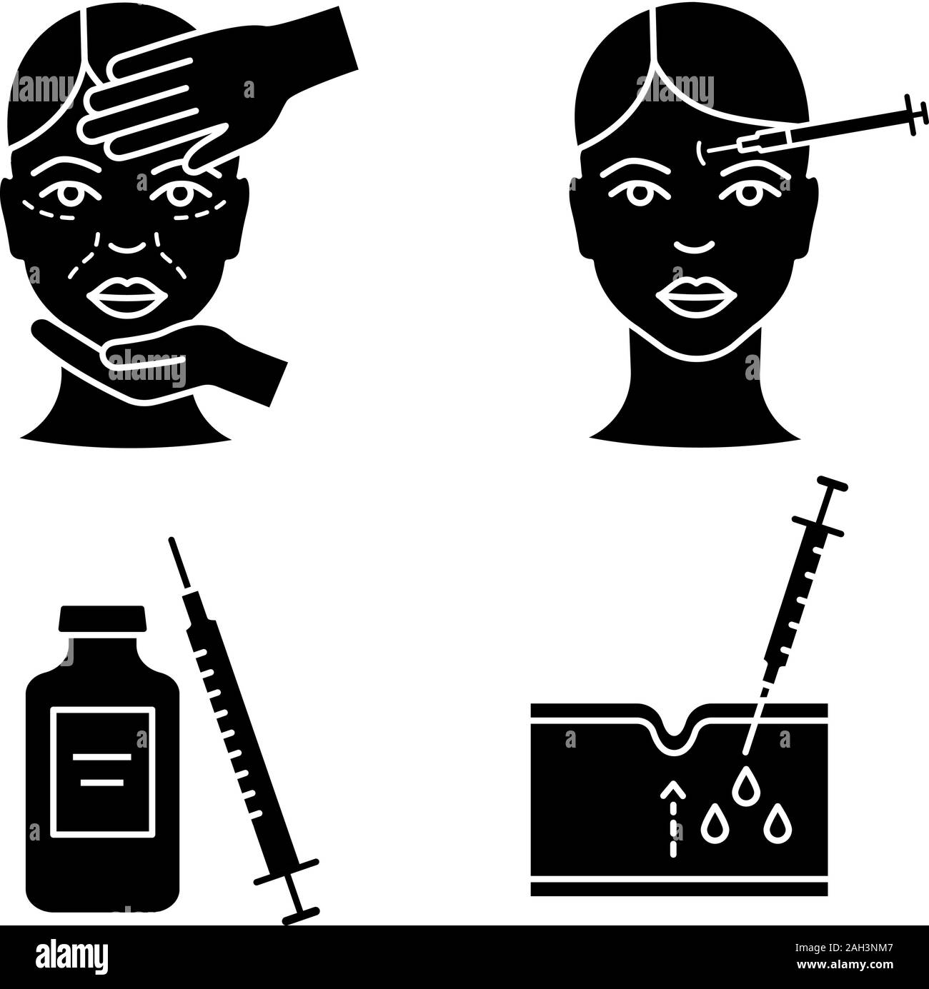 Neurotoxin injection glyph icons set. Cosmetologist exam, syringe and ...