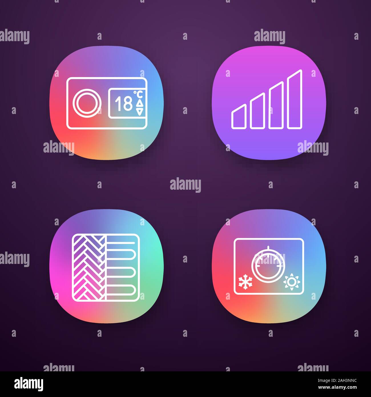 Air conditioning app icons set. Digital thermostat, power level, floor ...
