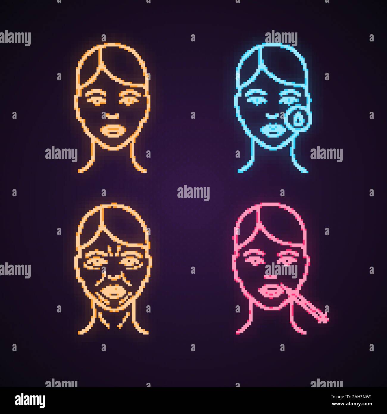 Neurotoxin injection neon light icon. Woman face, makeup removal, mimic ...