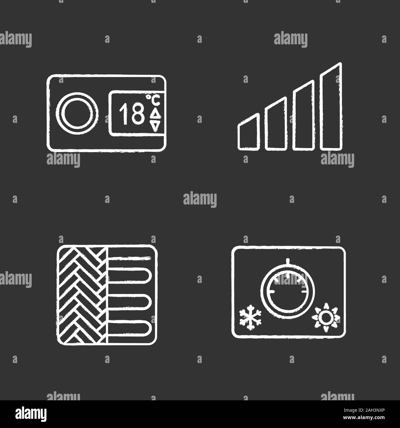 Air conditioning chalk icons set. Digital thermostat, power level ...