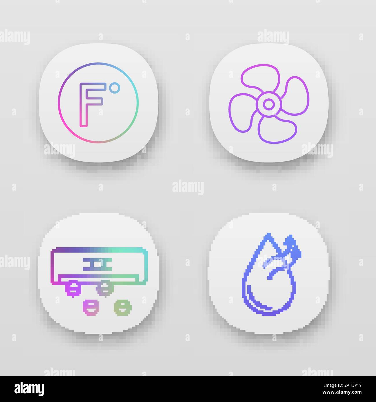 Air conditioning app icons set. Fahrenheit degrees, exhaust fan ...