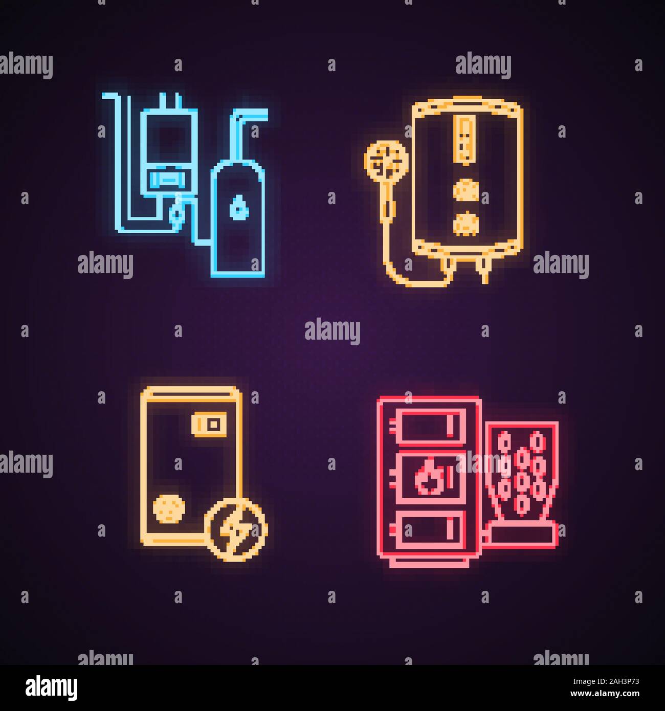 Heating neon light icons set. Boiler room, tankless water electric ...