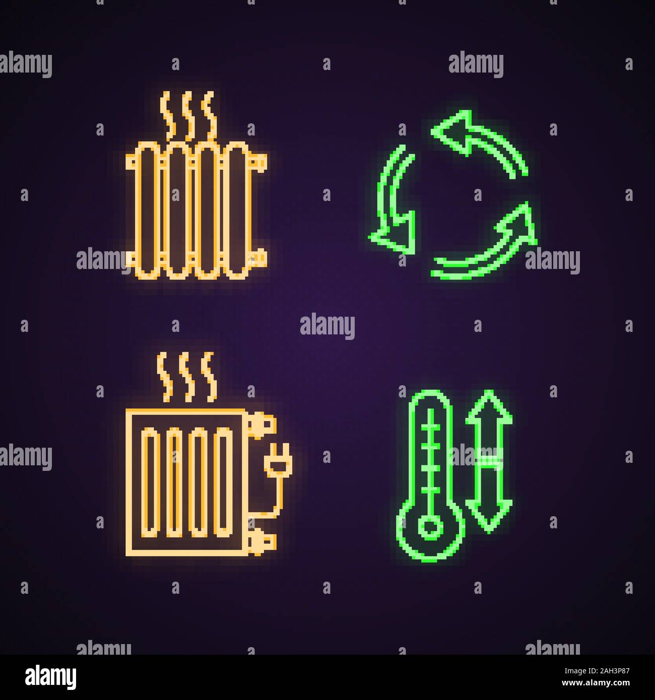 Air conditioning neon light icons set. Radiators, ventilation, climate ...