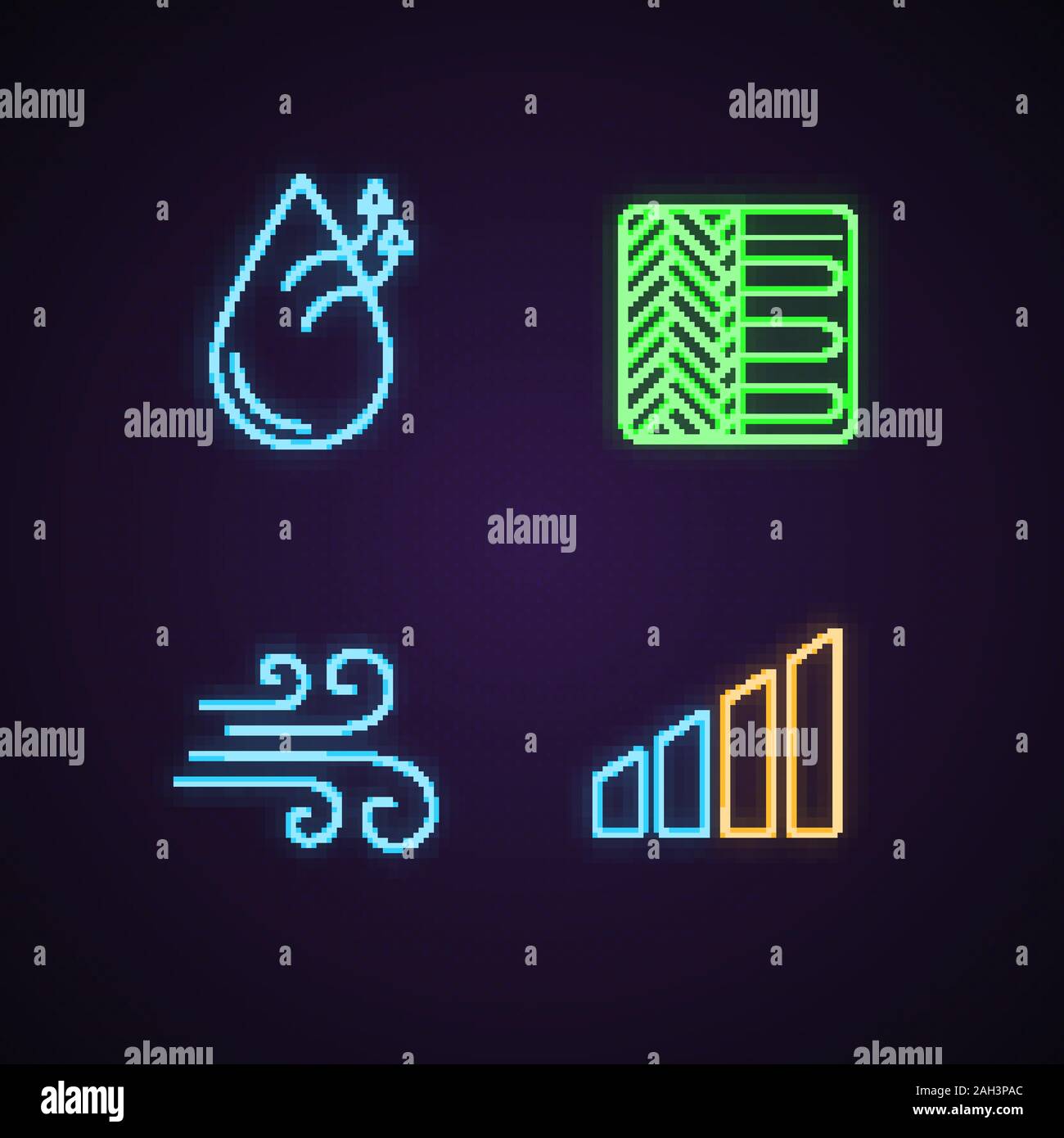 Air conditioning neon light icons set. Humidification, floor heating ...