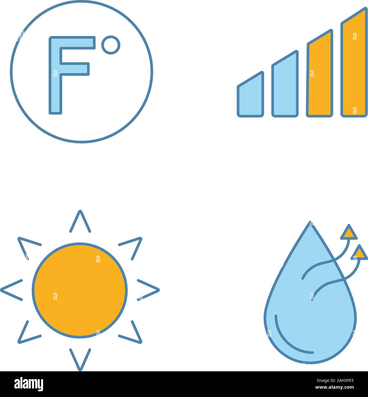 Air conditioning color icons set. Fahrenheit degree, power level, sun ...