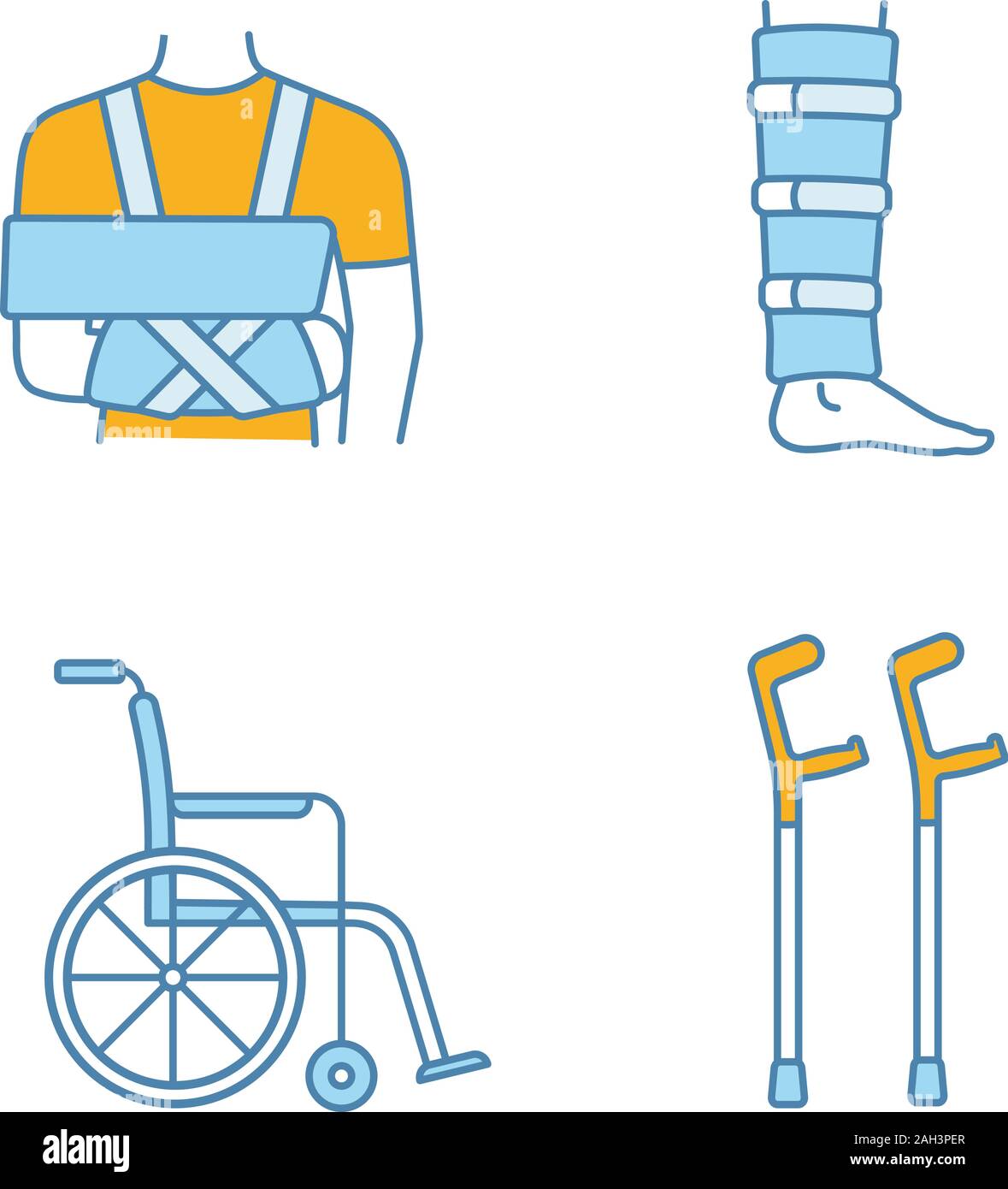 Trauma treatment color icons set. Shoulder immobilizer, shin brace ...