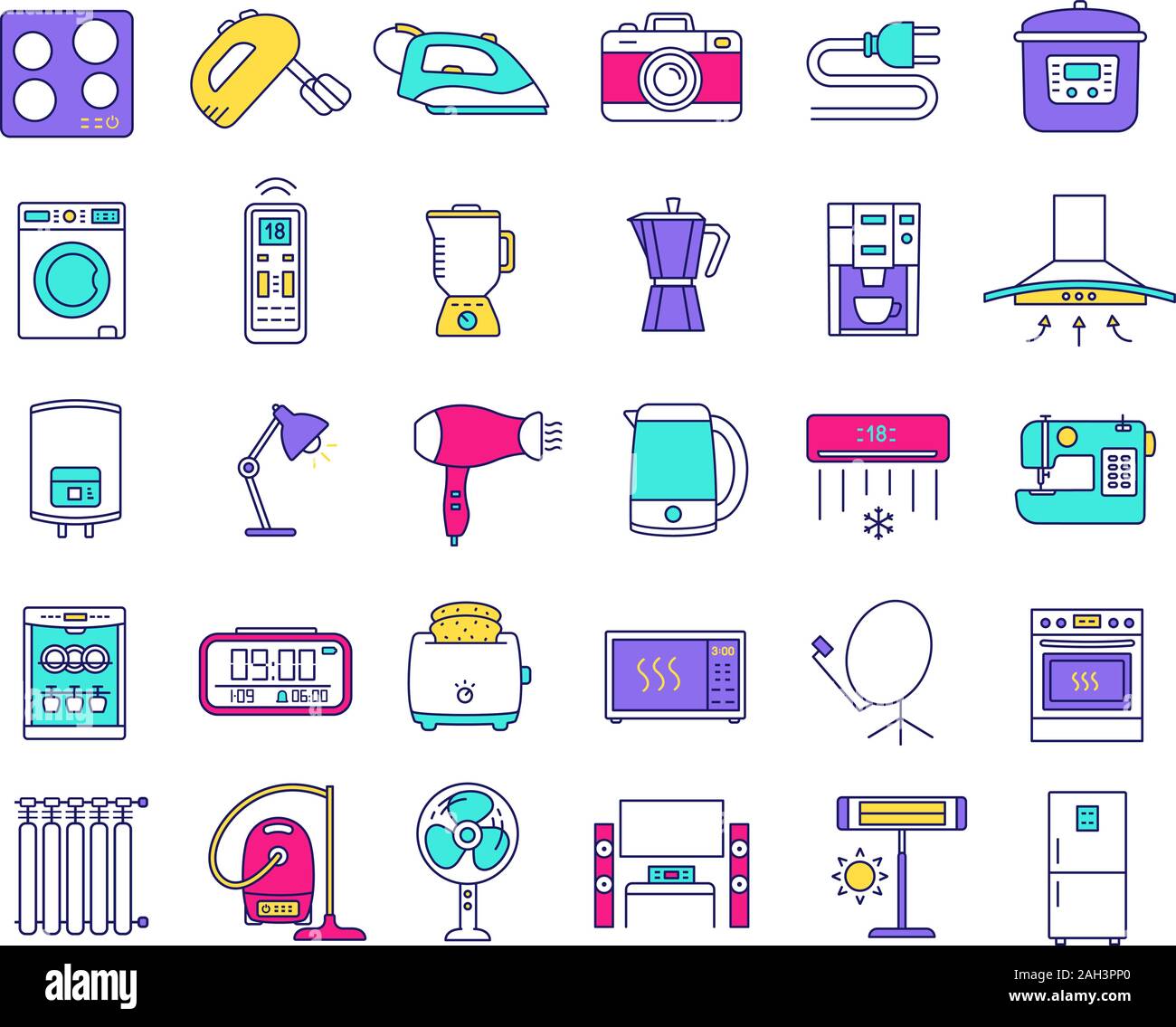 Household appliance color icons set. Home and kitchen electronics ...