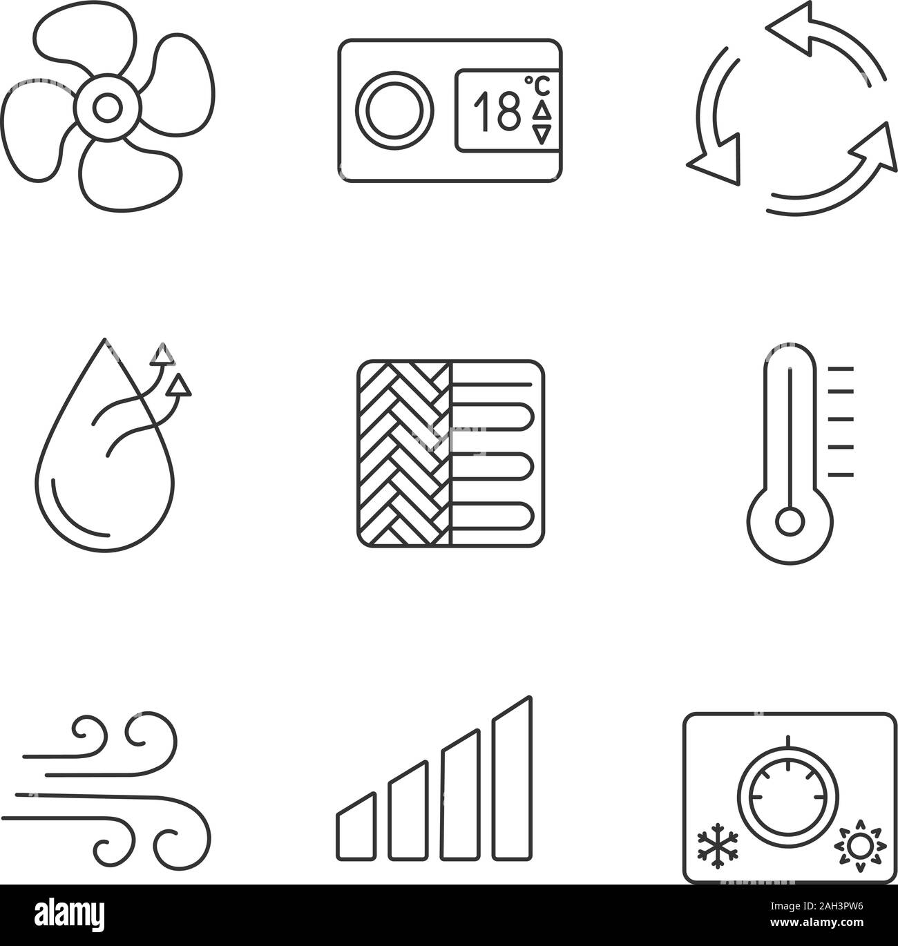 Air conditioning linear icon set. Level, thermostat, ventilation, humidification, floor heating ...