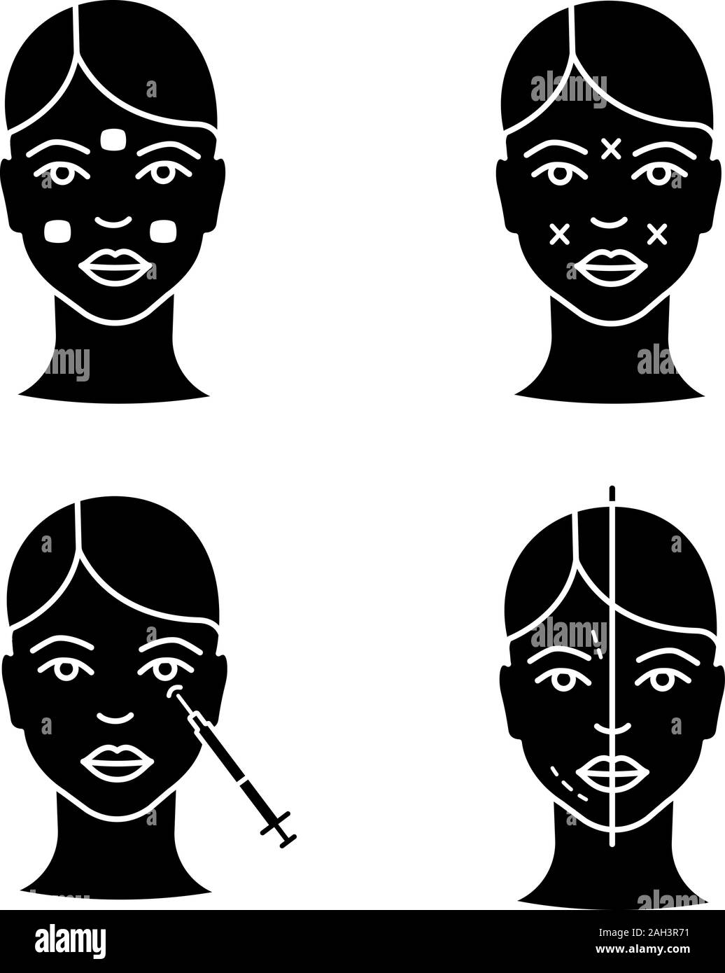 Neurotoxin injection glyph icons set. Anesthetic cream, facial markup ...