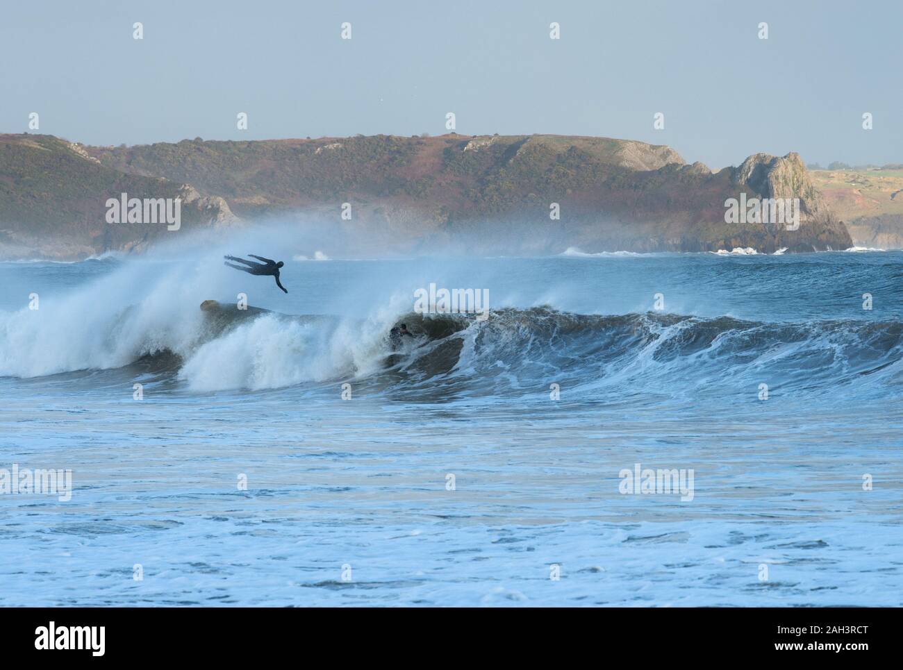 Surfing at Oxwich Bay, Gower Stock Photo - Alamy