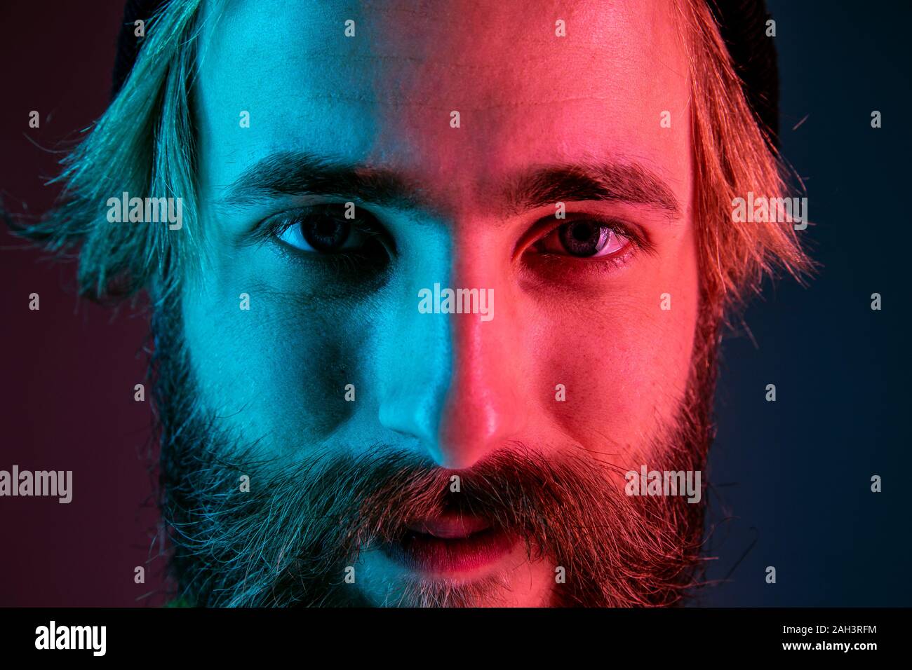 Calm, smiles, close up. Caucasian man's portrait on gradient studio ...