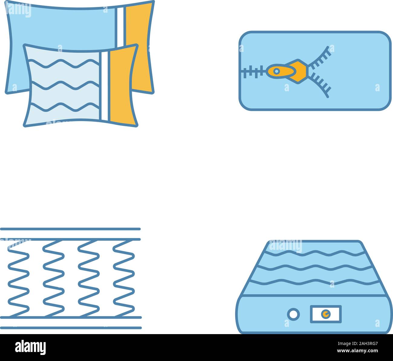 Orthopedic mattress color icons set. Pillows, removable cover, spring ...
