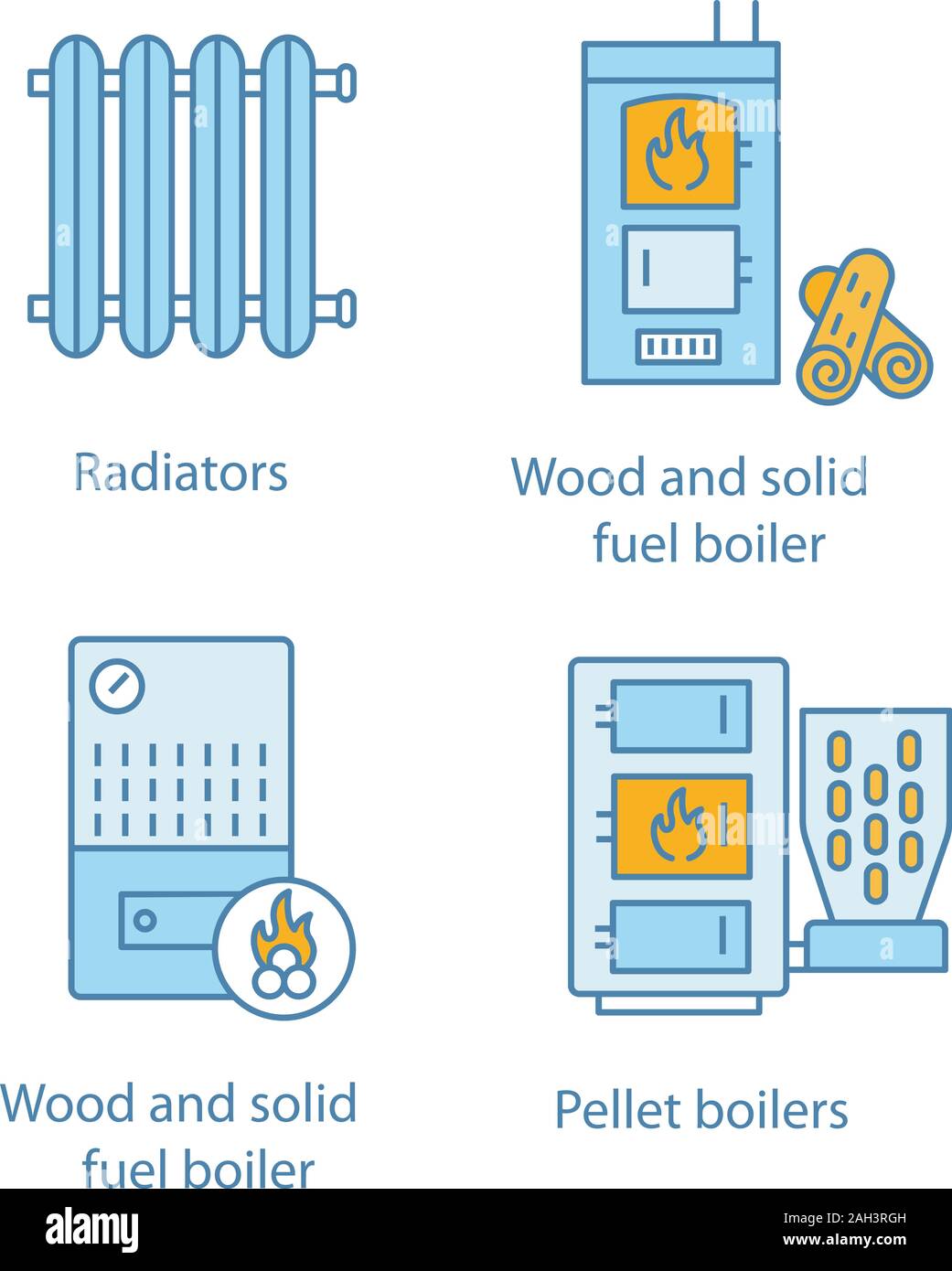 Heating color icons set. Radiator, firewood and pellet boiler, solid ...