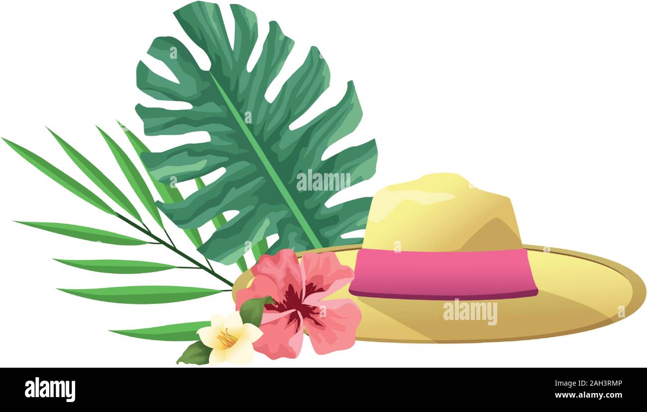 tropical leaves with flowers and beach hat, colorful design Stock ...