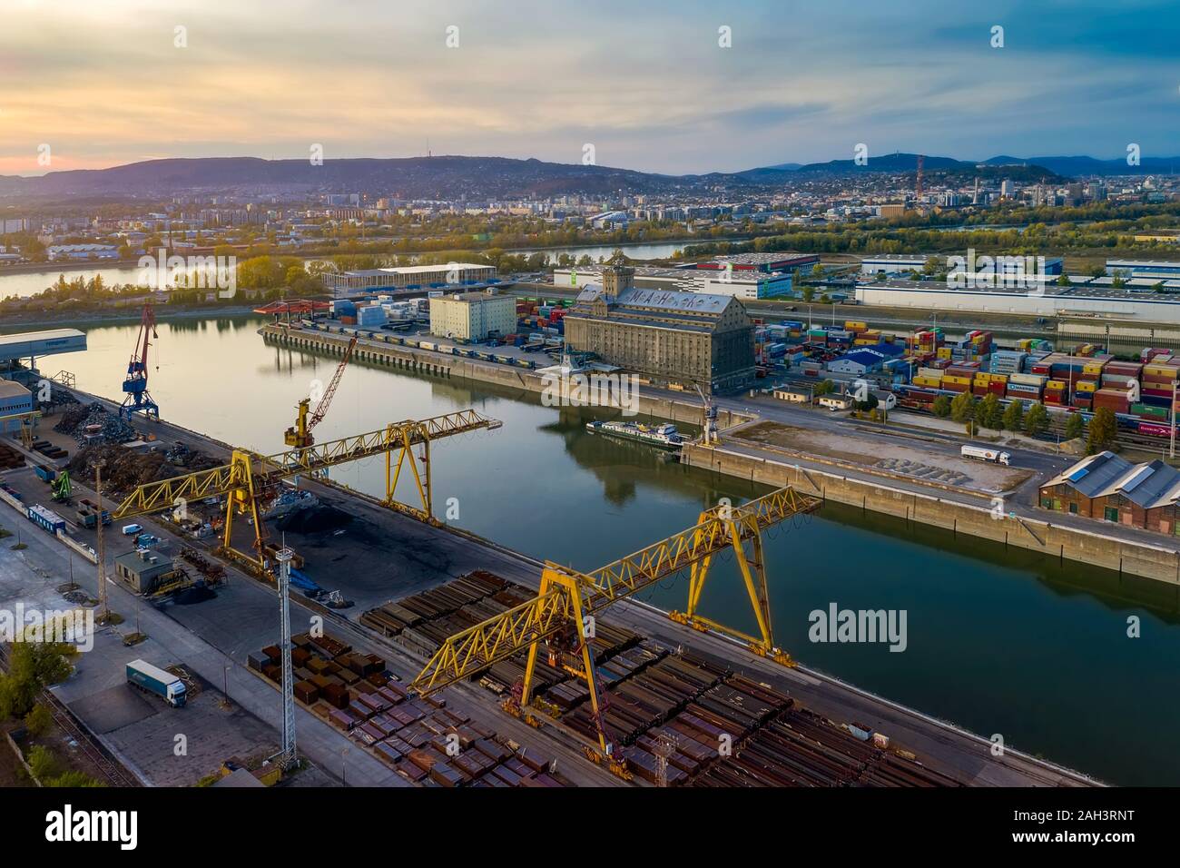 industrial port in Csepel, Budapest, Hungary. river shipments arrive ...
