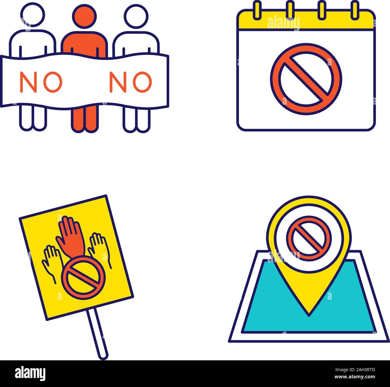Protest action color icons set. Social movement date, protest location ...