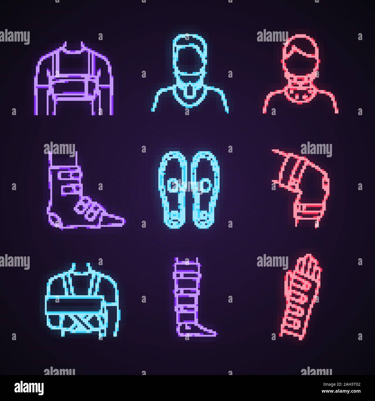 Trauma treatment neon light icons set. Rib belt, cervical collar, ankle ...