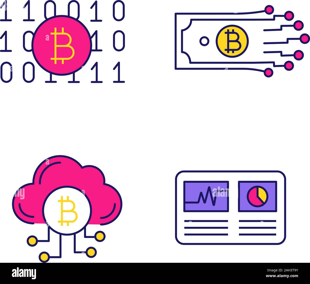 Bitcoin cryptocurrency color icons set. Binary code, digital money, cloud mining, hashrate ...