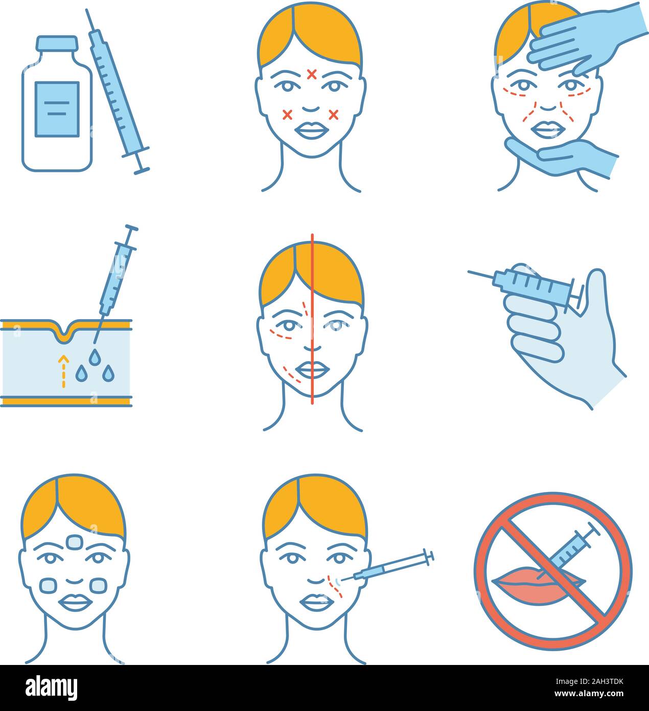 Neurotoxin injection color icons set. Vial, syringe, facial markup ...