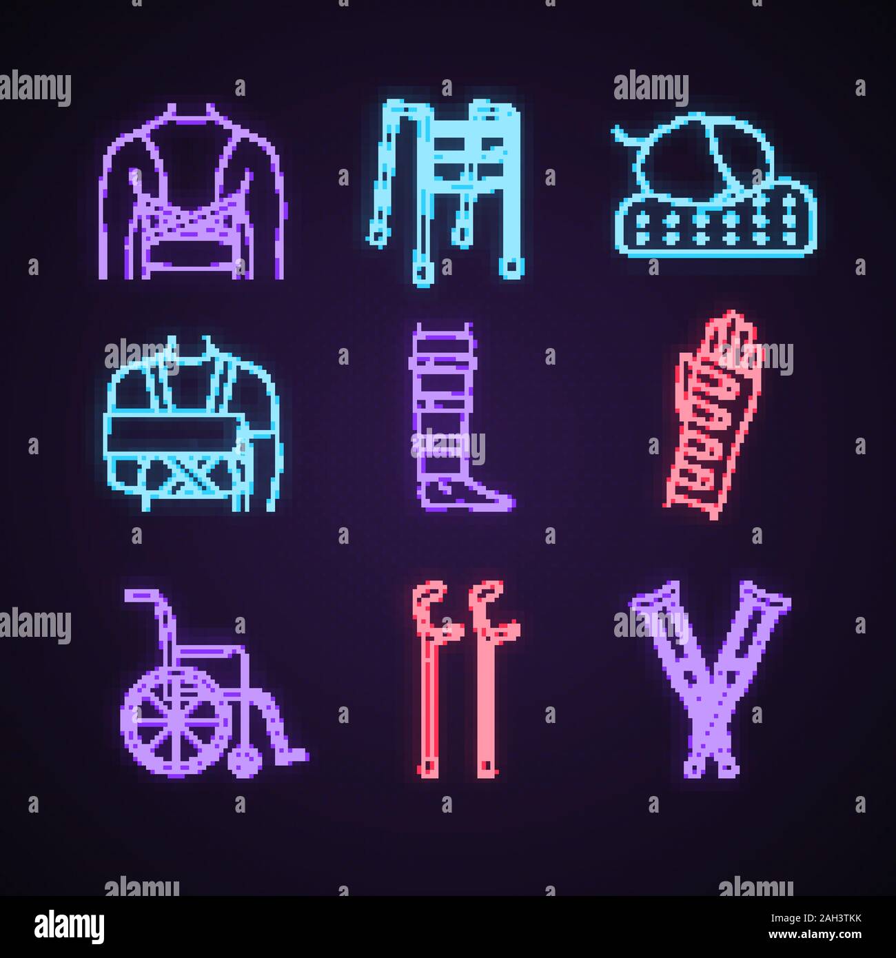 Trauma treatment neon light icons set. Posture corrector, walker ...