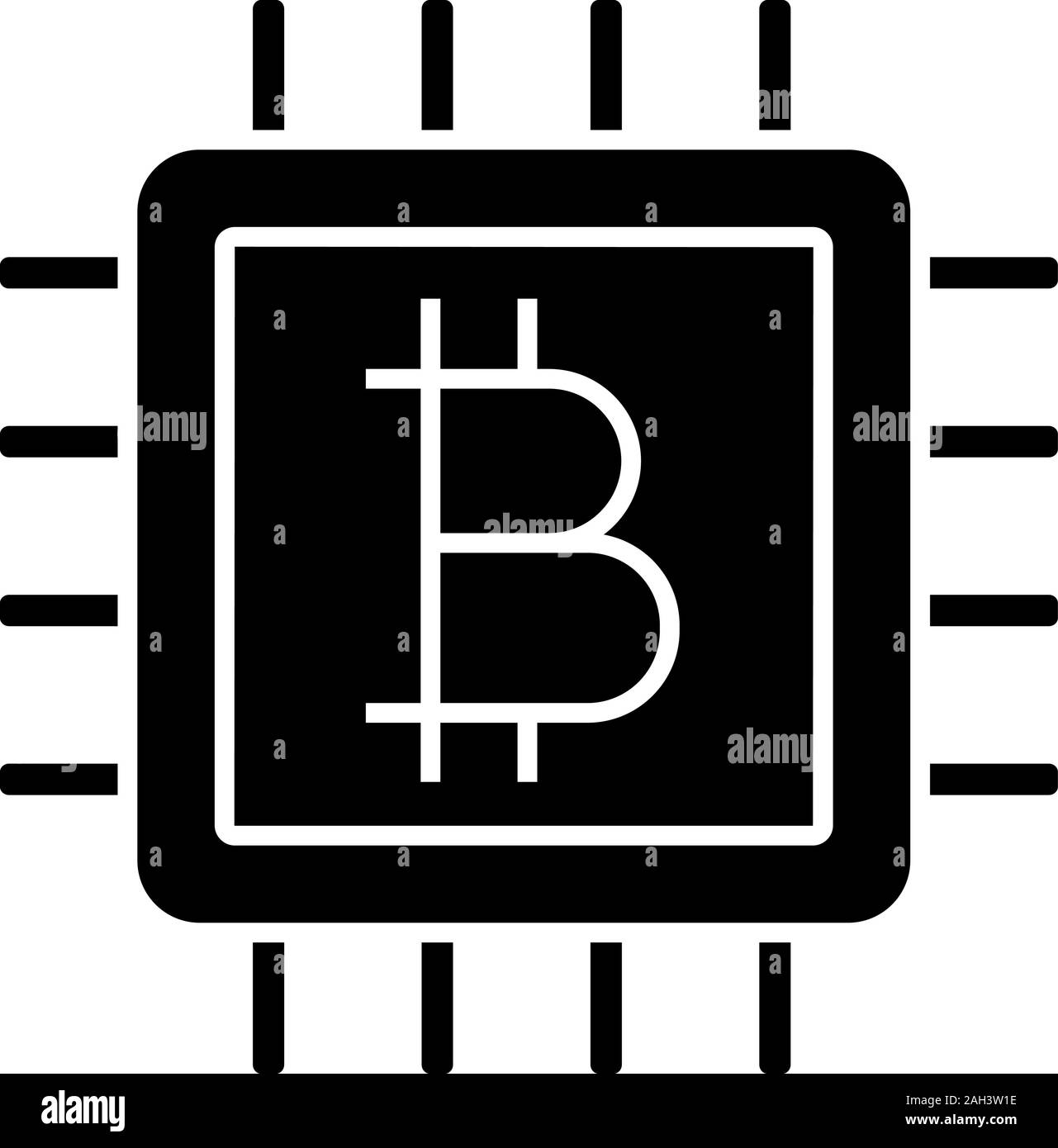 CPU mining glyph icon. Cryptocurrency mining hardware. Bitcoin sign inside microchip. Silhouette ...