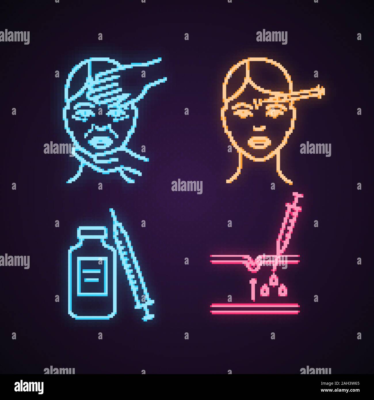 Neurotoxin injection neon light icon. Cosmetologist exam, syringe and ...