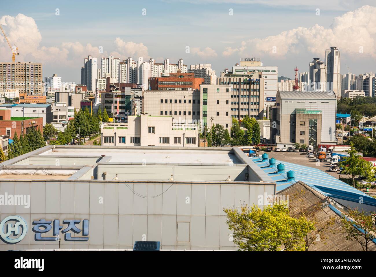 Aerial view of Inchoen port with rootops of traditional Korean houses ...