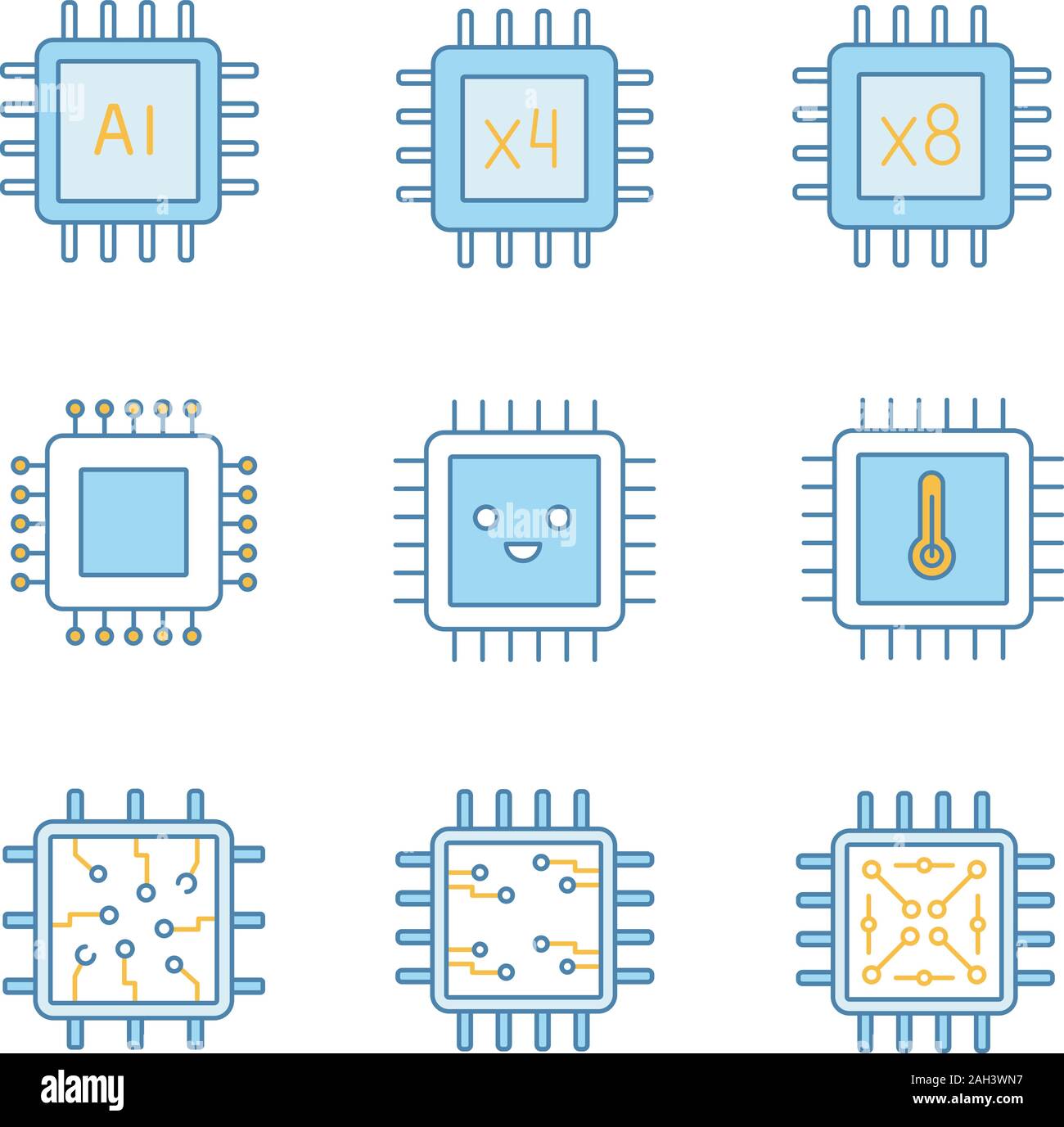 Processors color icons set. AI chip, quad, octa core processors, integrated circuit ...