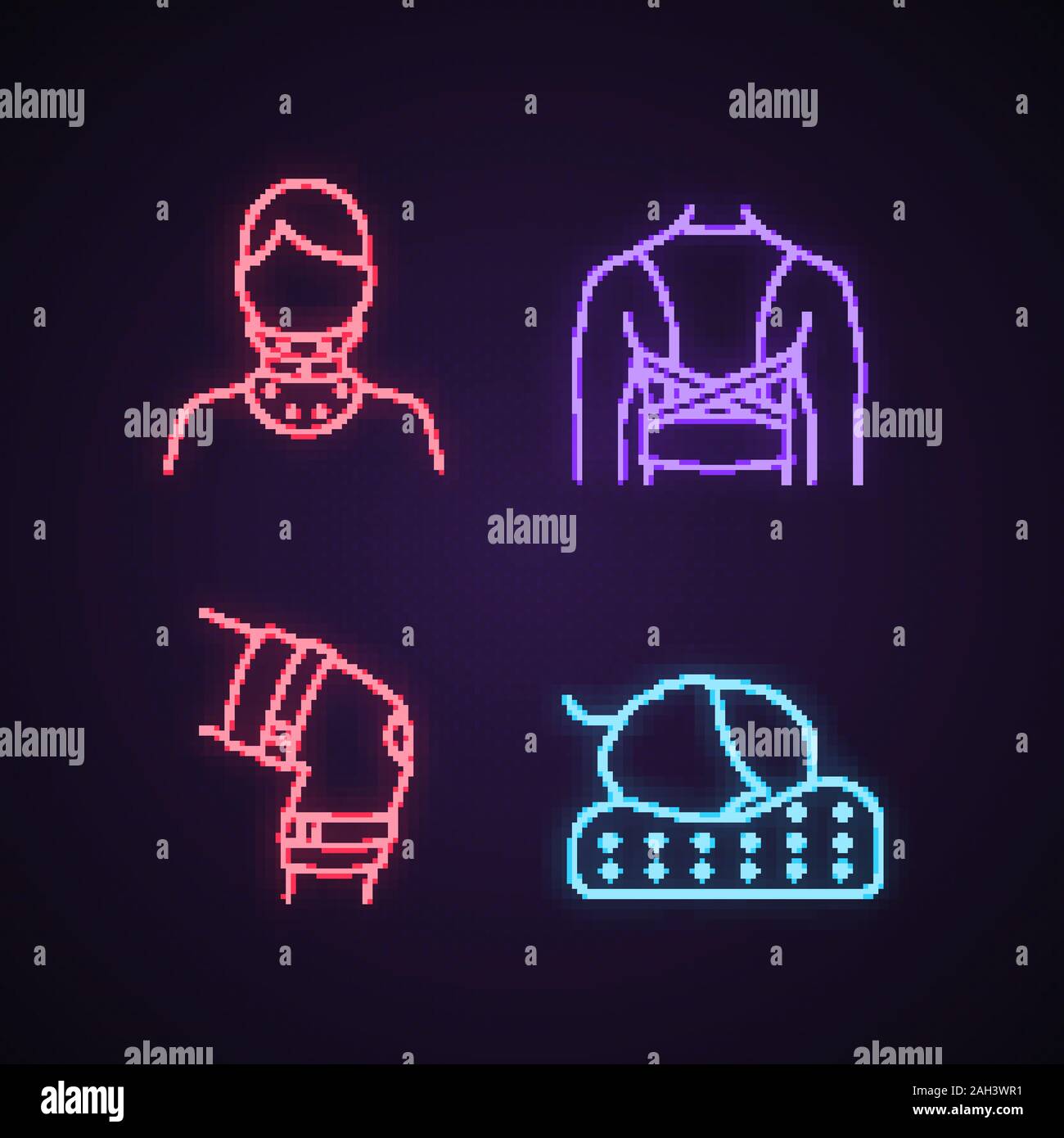 Trauma treatment neon light icons set. Cervical collar, posture ...