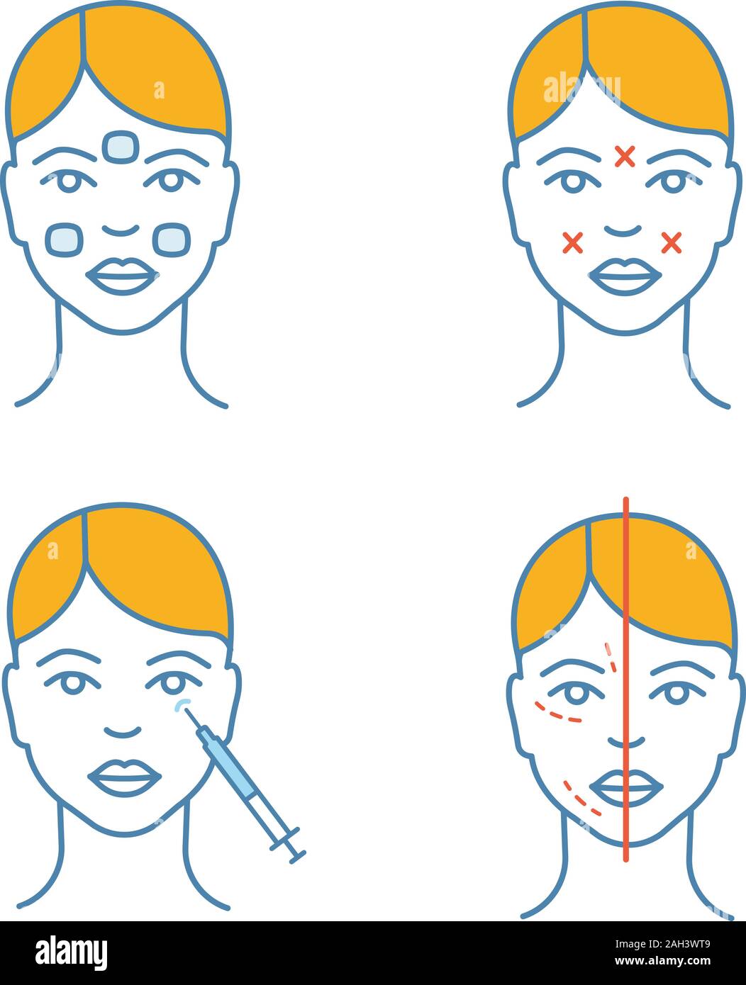 Neurotoxin injection color icons set. Anesthetic cream, facial markup ...