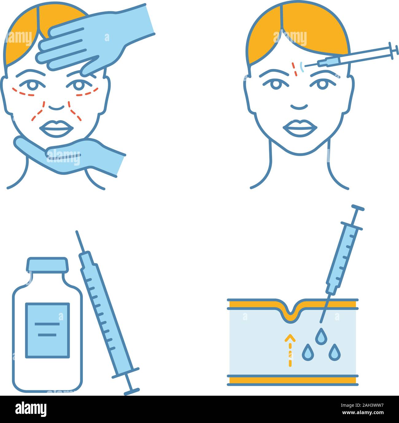 Neurotoxin injection color icons set. Cosmetologist exam, syringe and ...