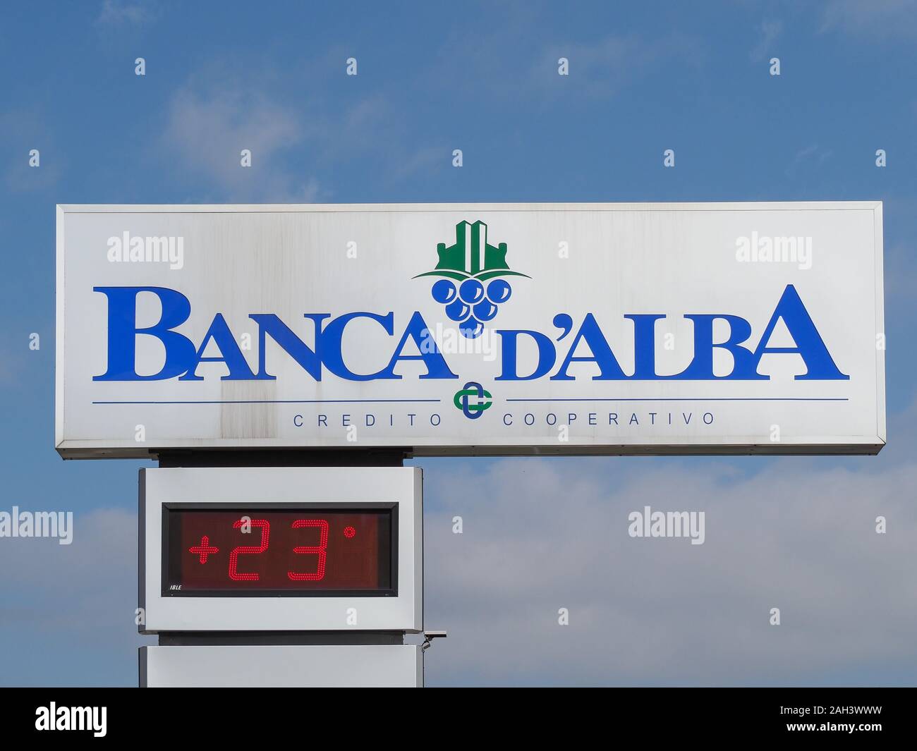 VEZZA D'ALBA, ITALY - CIRCA SEPTEMBER 2019: Banca d'Alba bank sign ...