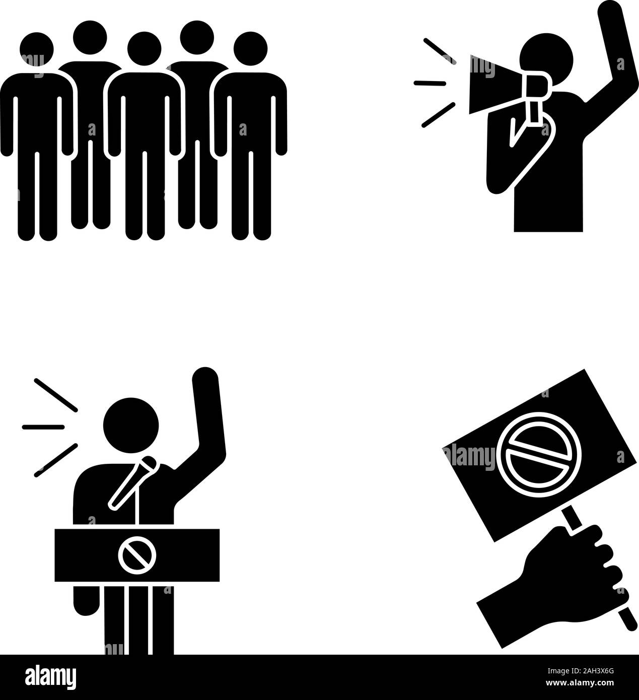 Protest action glyph icons set. Meeting, protester, protest banner ...