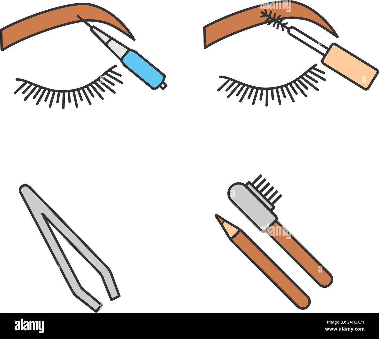 Eyebrows shaping color icons set. Brows microblading, mascara, cosmetic ...