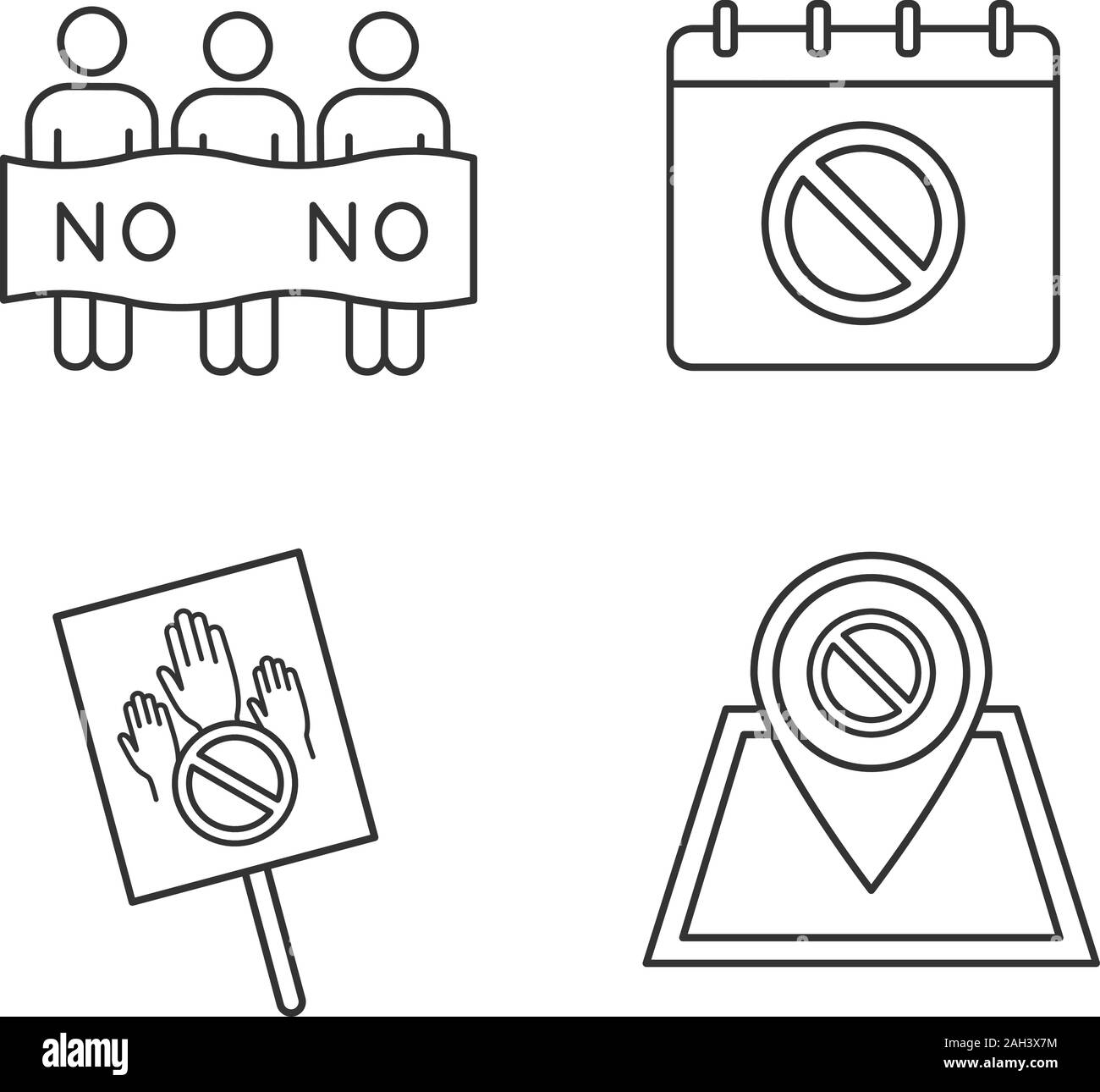 Protest action linear icons set. Social movement date, protest location ...