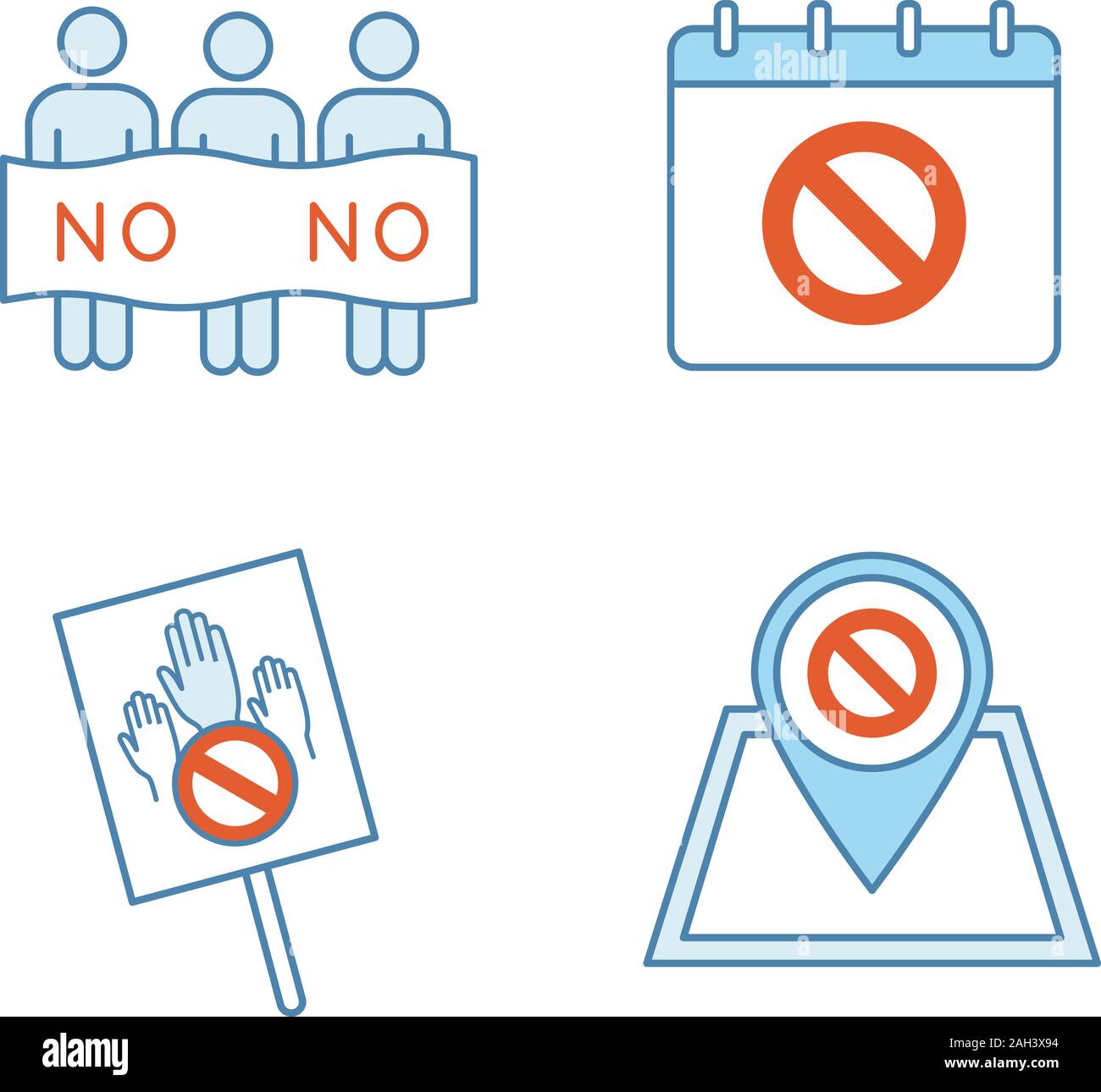 Protest action color icons set. Social movement date, protest location ...
