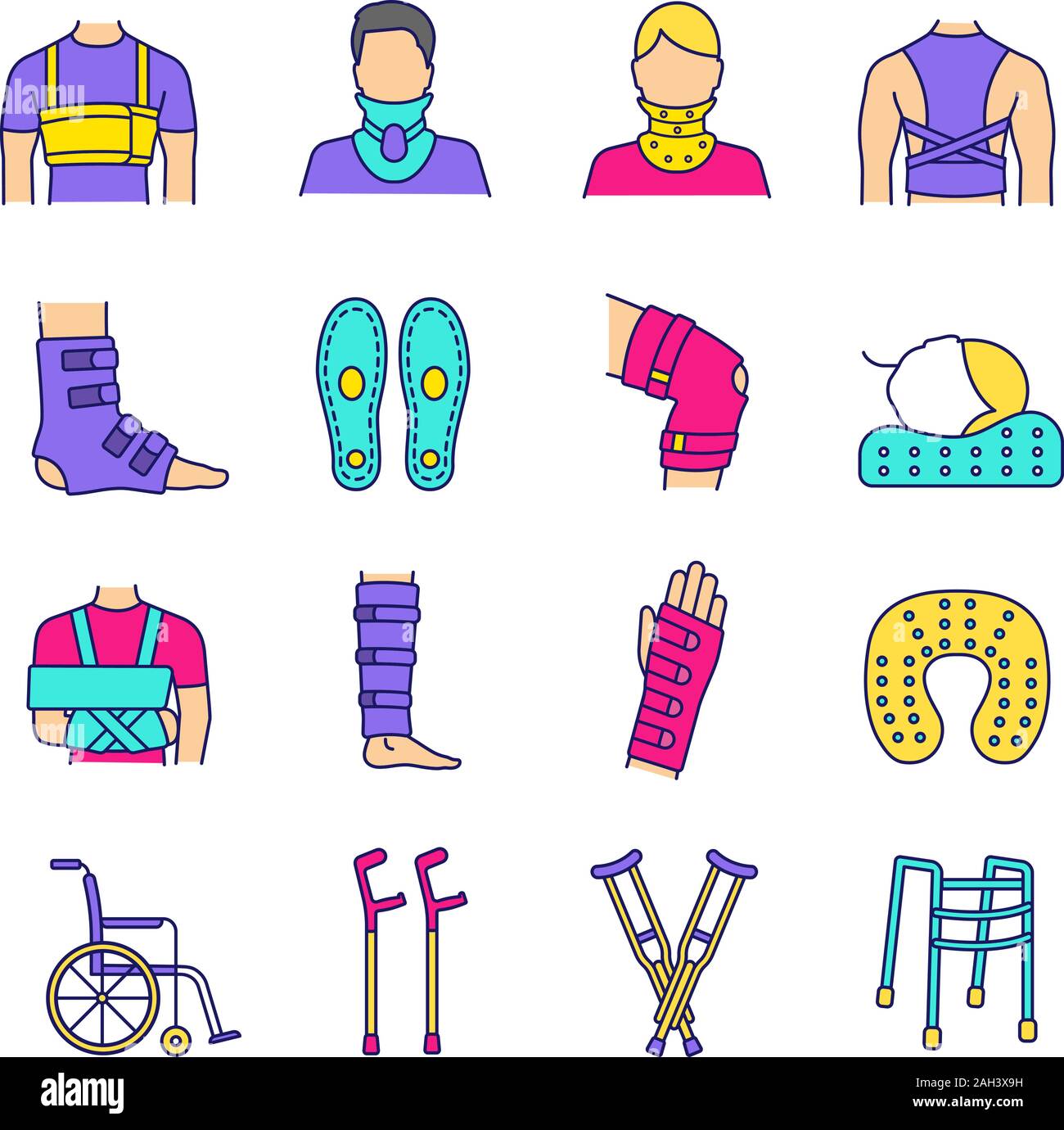 Trauma treatment color icons set. Orthopedic equipment. Braces and ...