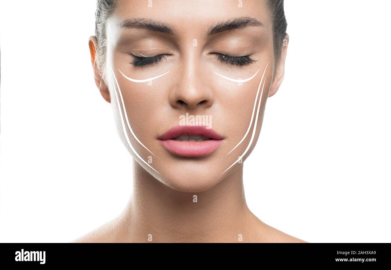 Face lift treatment anti aging skincare woman concept. woman face with ...