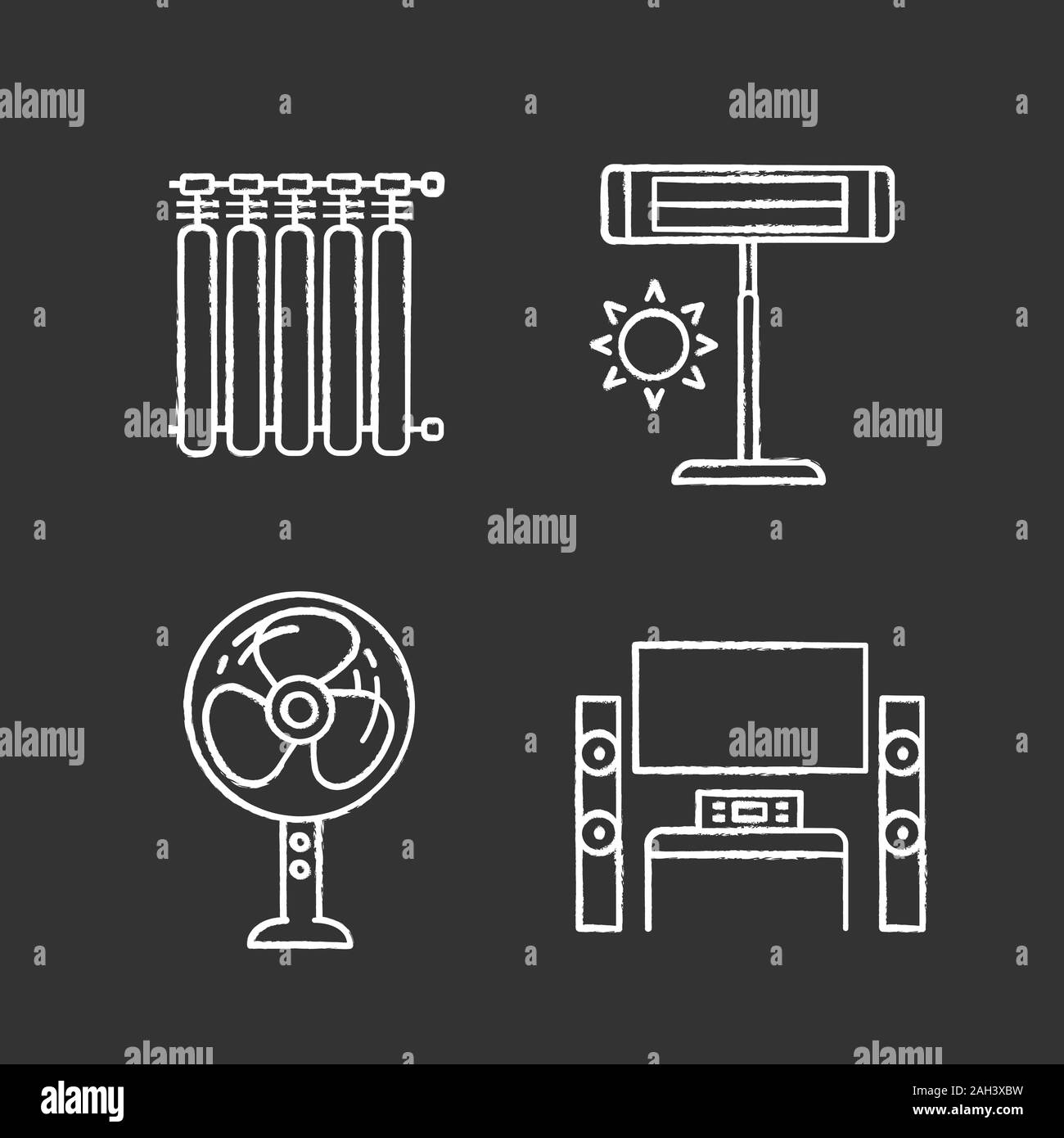 Household appliance chalk icons set. Radiators, infrared heater, stand ...